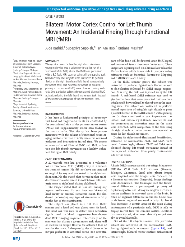 (PDF) Bilateral Motor Cortex Control for Left Thumb Movement: An ...