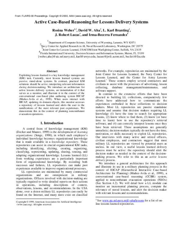 (PDF) Active case-based reasoning for lessons delivery systems