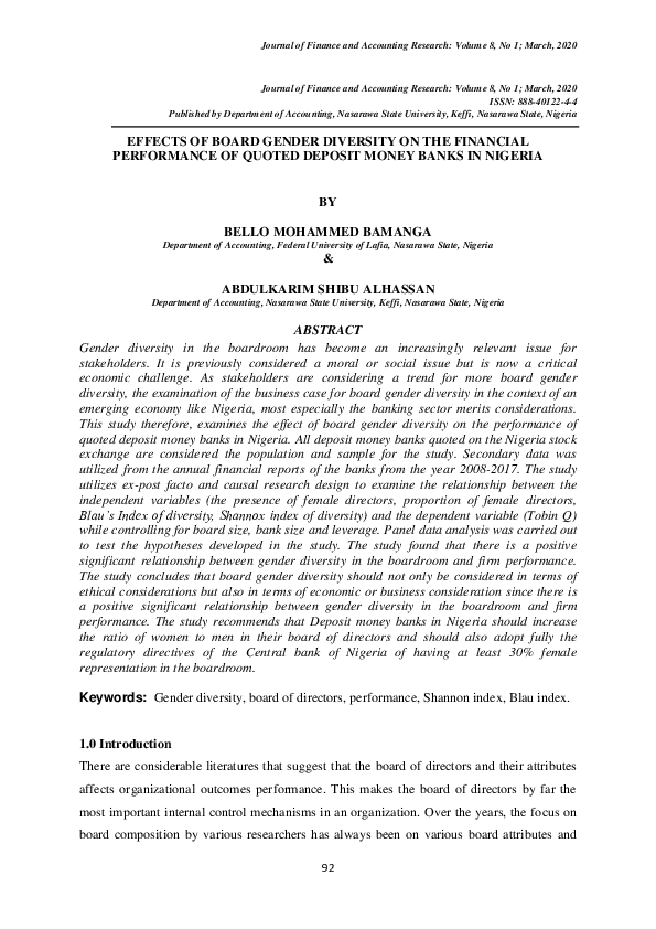 (PDF) EFFECTS OF BOARD GENDER DIVERSITY ON THE FINANCIAL PERFORMANCE OF QUOTED DEPOSIT MONEY ...