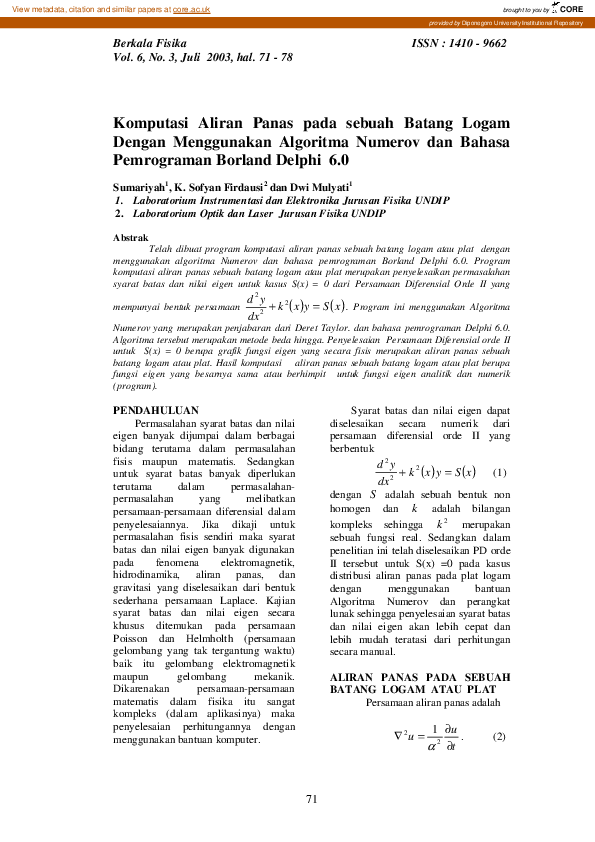 (PDF) Komputasi Aliran Panas pada sebuah Batang Logam Dengan ...
