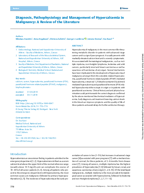 (PDF) Diagnosis, Pathophysiology and Management of Hypercalcemia in Malignancy: A Review of the ...