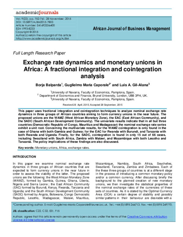 (PDF) Exchange Rate Dynamics and Monetary Unions in Africa: A Fractional Integration and ...
