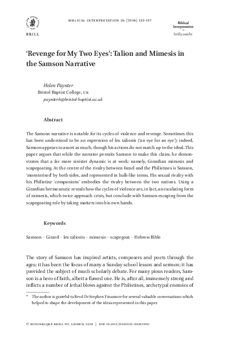 (PDF) ‘Revenge for My Two Eyes’: Talion and Mimesis in the Samson Narrative