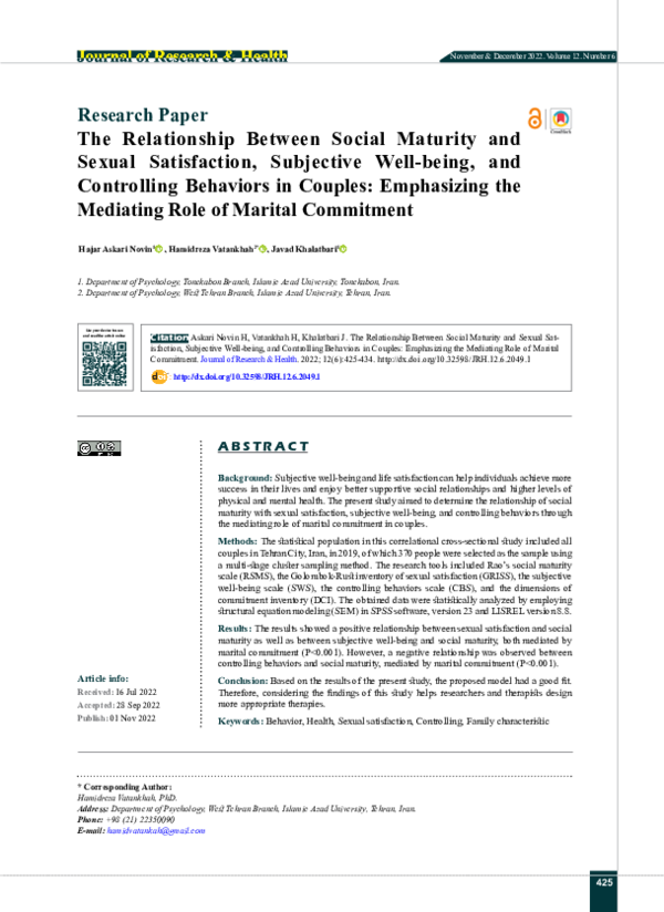(PDF) The Relationship Between Social Maturity and Sexual Satisfaction, Subjective Well-being ...