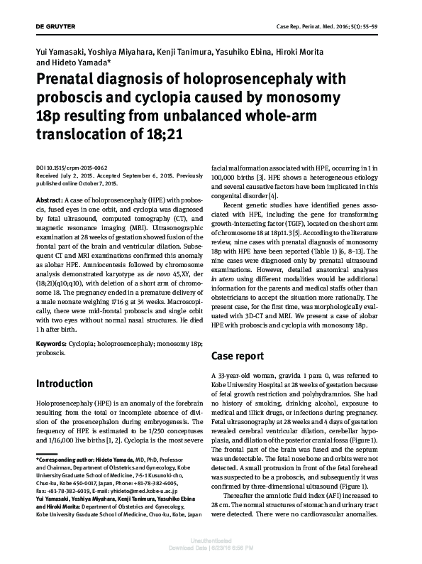 (PDF) Prenatal diagnosis of holoprosencephaly with ethmocephaly via 3 ...