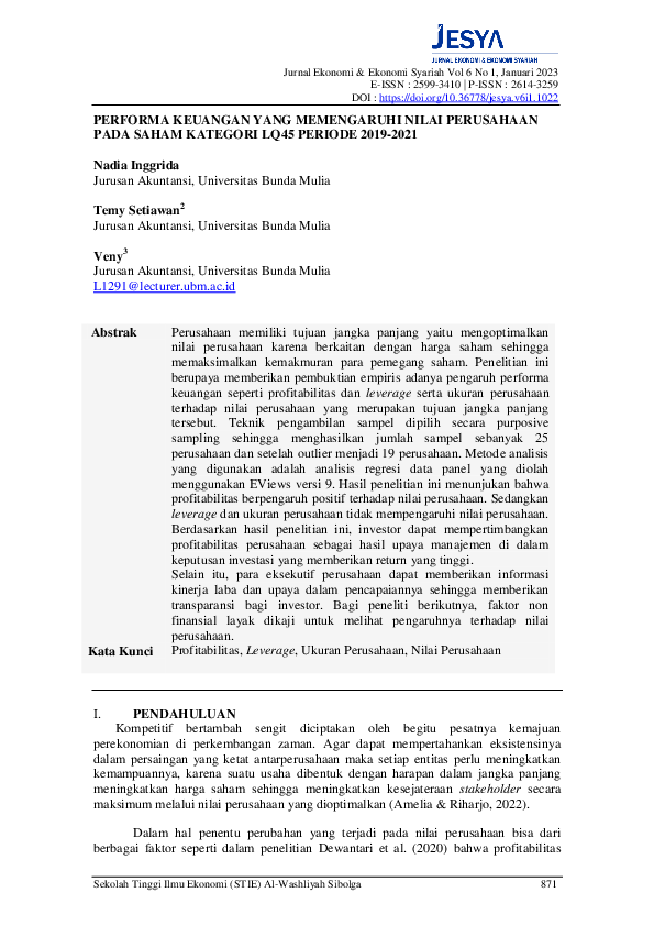 (PDF) Performa Keuangan Yang Memengaruhi Nilai Perusahaan Pada Saham Kategori LQ45 Periode 2019-2021