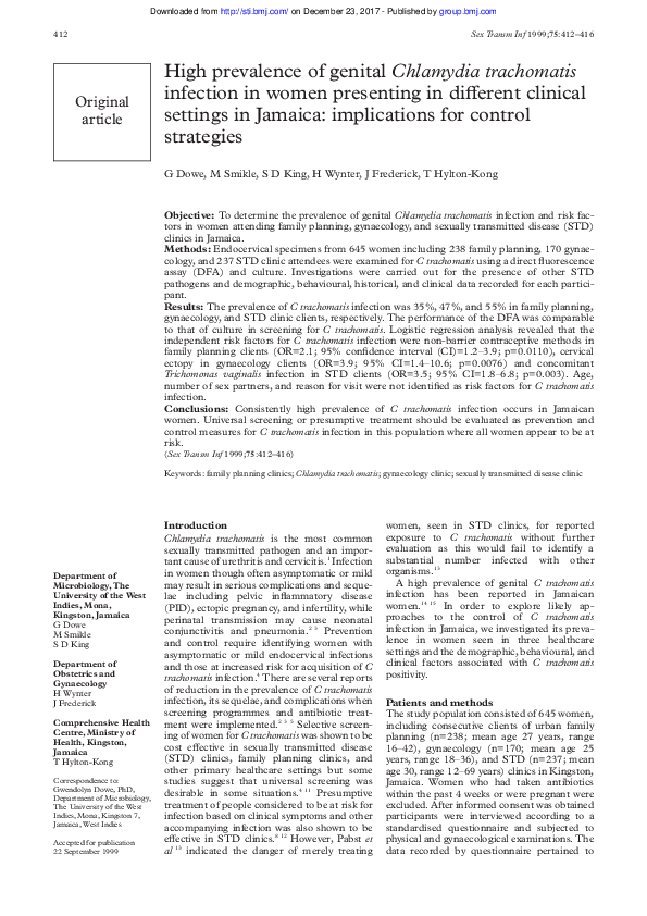 Pdf High Prevalence Of Genital Chlamydia Trachomatis Infection In