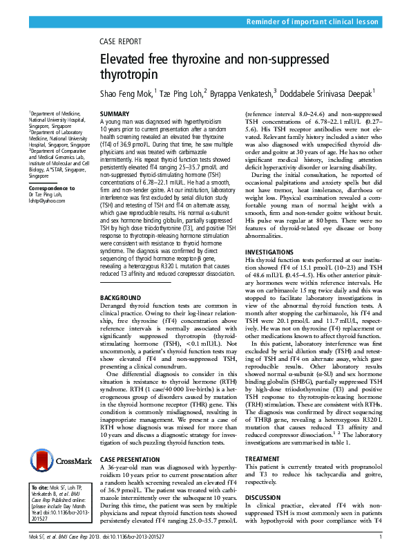 (PDF) Elevated free thyroxine and non-suppressed thyrotropin