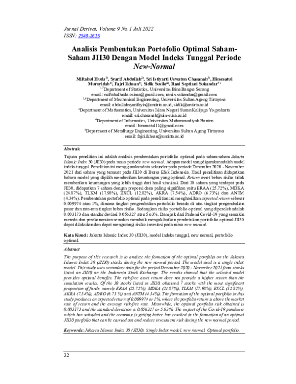 Pdf Analisis Pembentukan Portofolio Optimal Saham Saham Jii30 Dengan Model Indeks Tunggal
