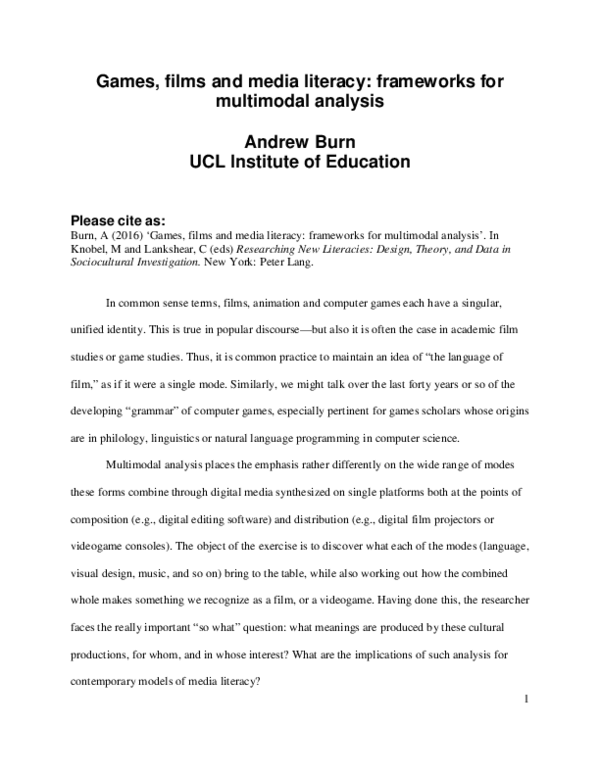 (PDF) Games , films and media literacy : frameworks for multimodal analysis