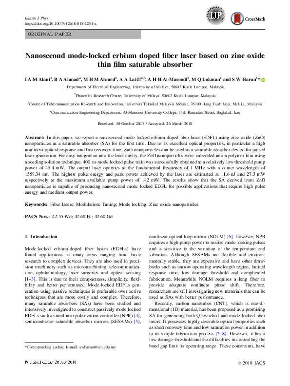 Pdf Nanosecond Mode Locked Erbium Doped Fiber Laser Based On Few Layer Bismuth Telluride Ultra