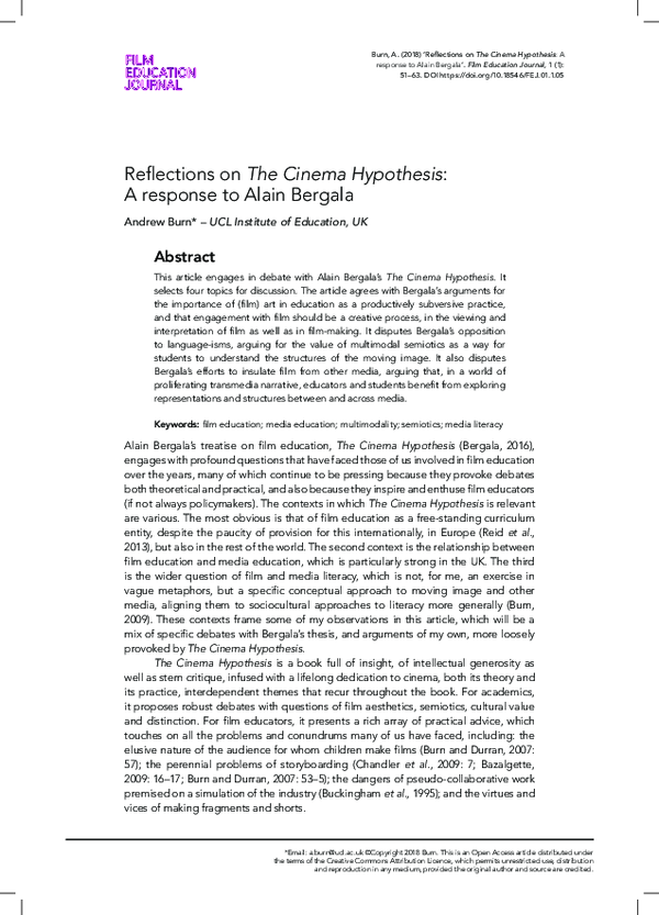 (PDF) Reflections on The Cinema Hypothesis: A response to Alain Bergala