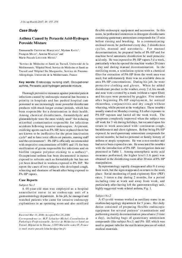 (PDF) Asthma Caused by Peracetic Acid‐Hydrogen Peroxide Mixture