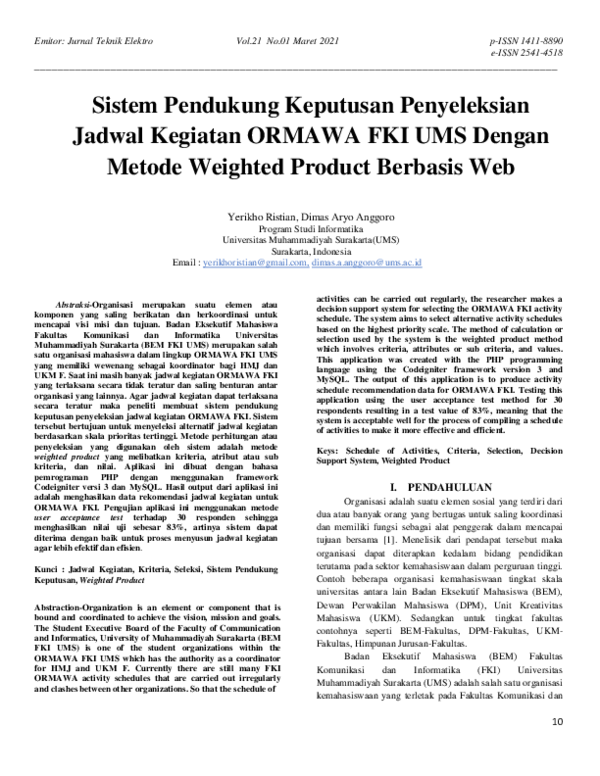 (PDF) Sistem Pendukung Keputusan Penyeleksian Jadwal Kegiatan ORMAWA FKI UMS Dengan Metode ...