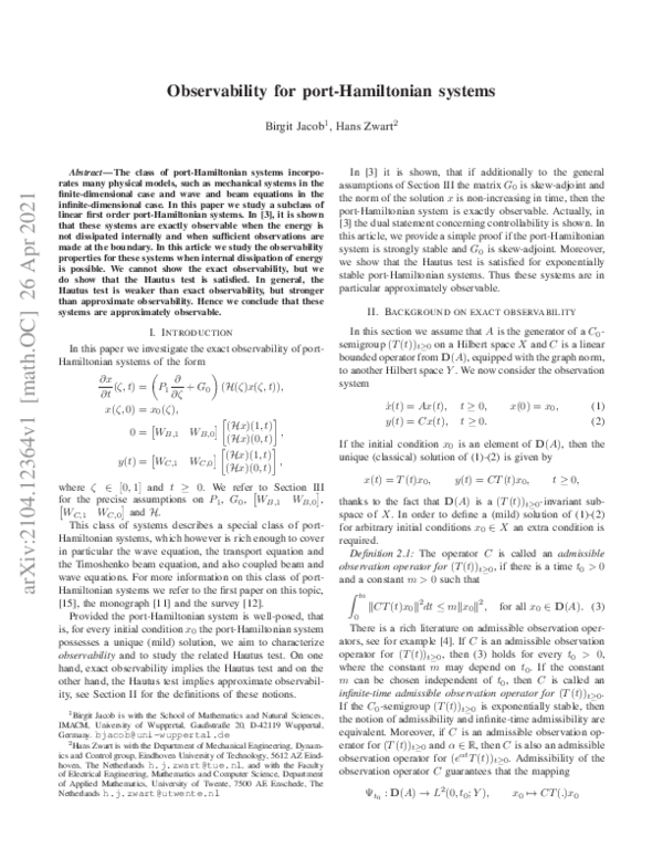 (PDF) Observability for port-Hamiltonian systems | Birgit Jacob - Academia.edu