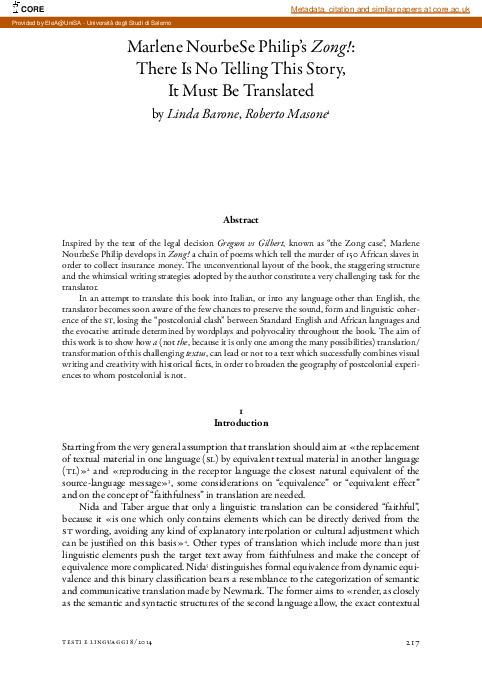 (PDF) Marlene NourbeSe Philip's Zong!: There Is No Telling This Story ...