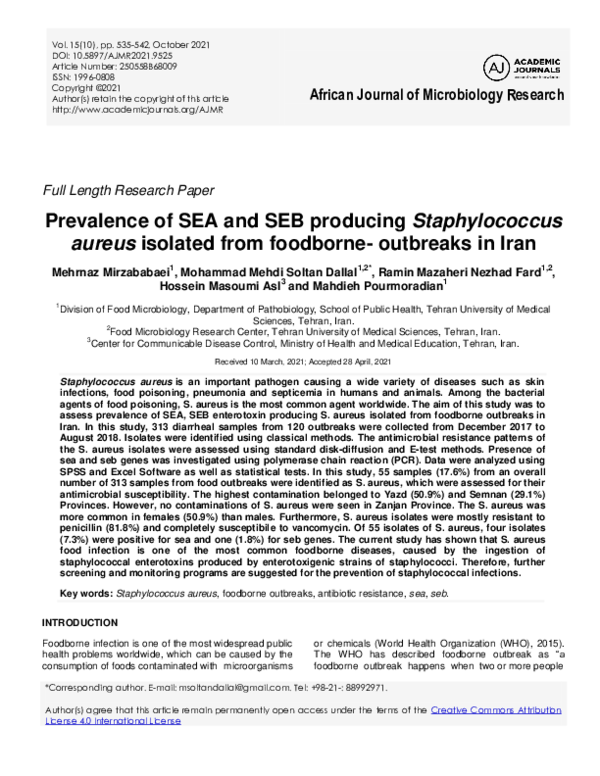 (PDF) Prevalence of SEA and SEB producing Staphylococcus aureus isolated from foodborne ...