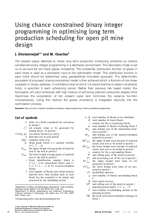 (PDF) Using chance constrained binary integer programming in optimising long term production ...