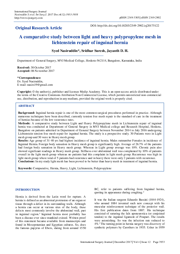 (PDF) A comparative study between light and heavy polypropylene mesh in lichtenstein repair of ...