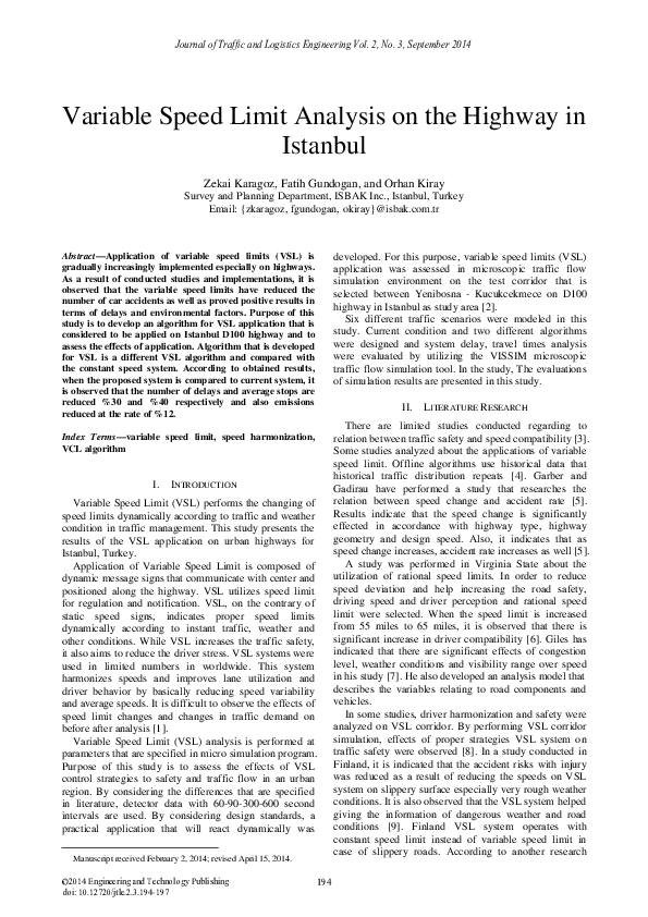 Pdf Variable Speed Limit Analysis On The Highway In Istanbul