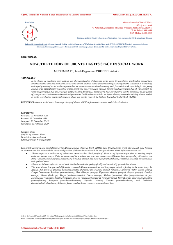 (PDF) Editorial: Now, the theory of Ubuntu has its space in social work