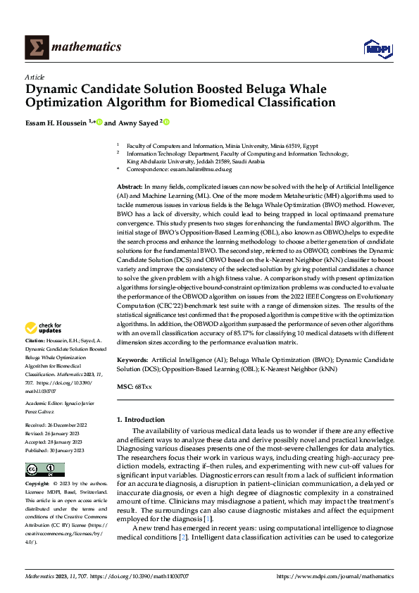 Pdf Dynamic Candidate Solution Boosted Beluga Whale Optimization Algorithm For Biomedical