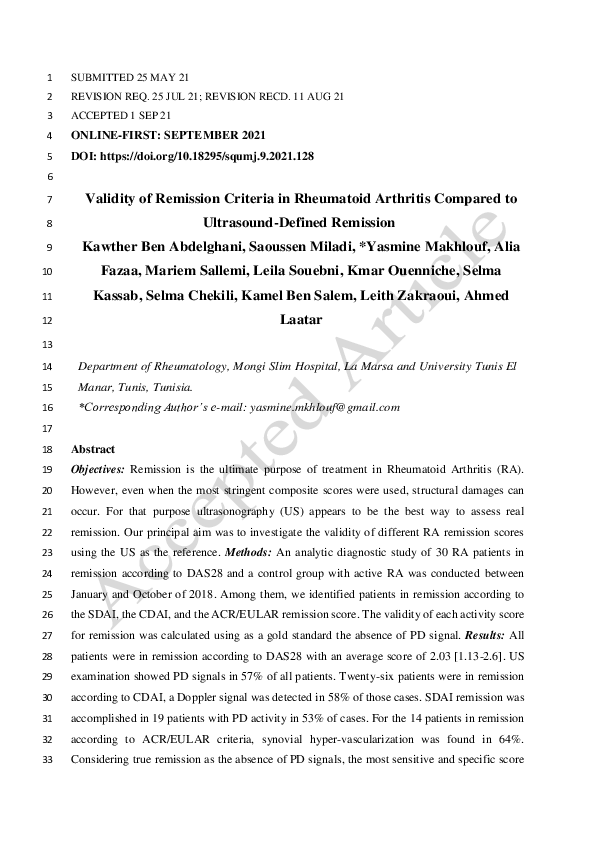 (PDF) Validity of Remission Criteria in Rheumatoid Arthritis Compared ...