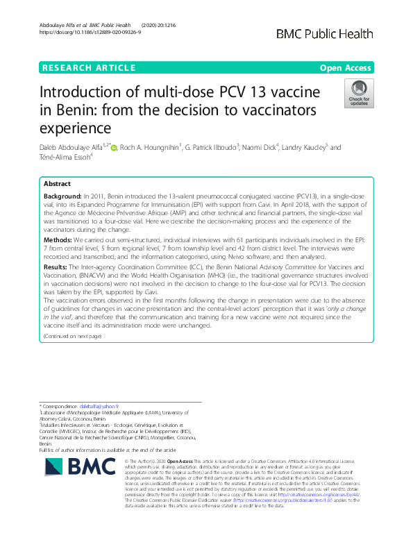 Introduction of multi-dose PCV 13 vaccine in Benin: from the decision ...