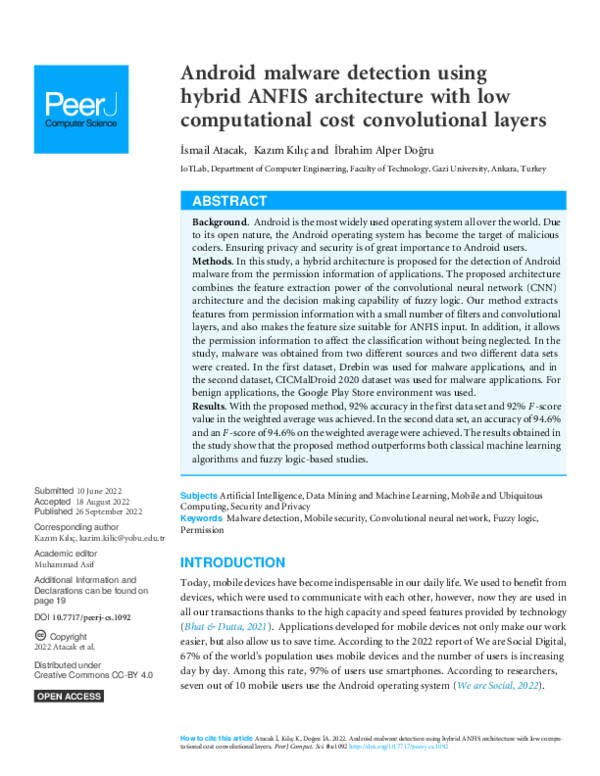 (PDF) Android malware detection using hybrid ANFIS architecture with low computational cost ...