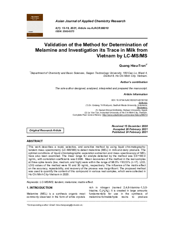 Pdf Validation Of The Method For Determination Of Melamine And Investigation Its Trace In Milk