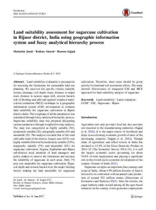 (PDF) Land suitability assessment for sugarcane cultivation in Bijnor district, India using ...