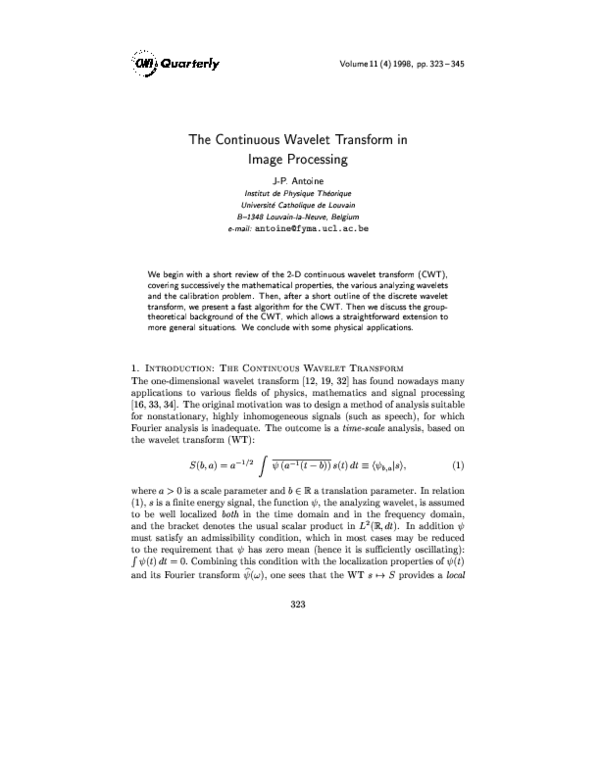 Pdf The Continuous Wavelet Transform In Image Processing