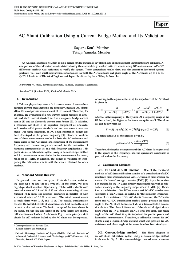 (PDF) AC shunt calibration using a current-bridge method and its validation