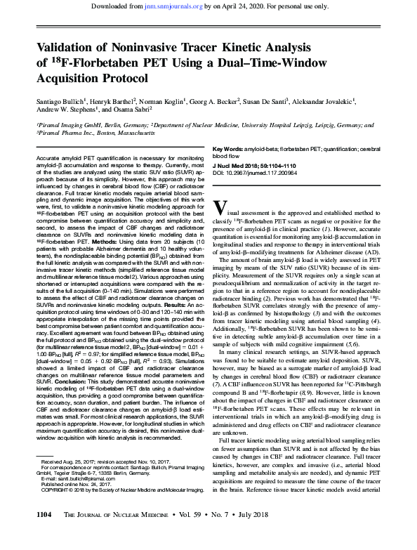 (PDF) Validation of Non-Invasive Tracer Kinetic Analysis of 18F ...