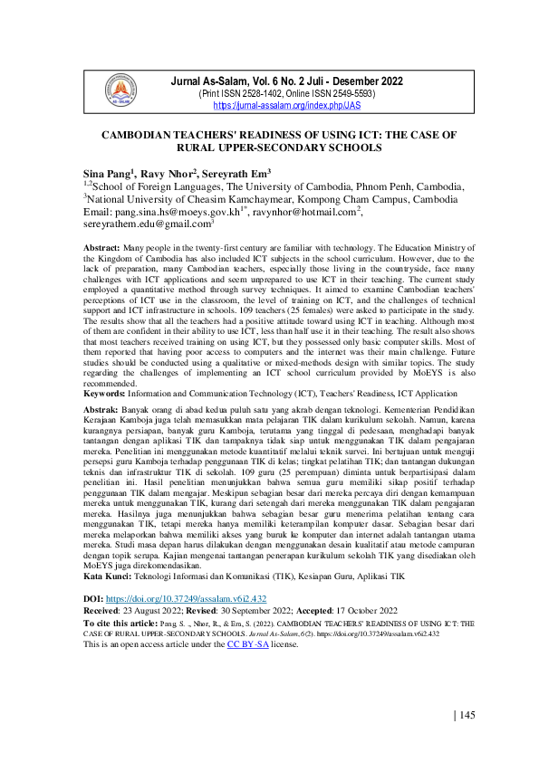 (PDF) Cambodian Teachers' Readiness of Using Ict: The Case of Rural Upper-Secondary Schools