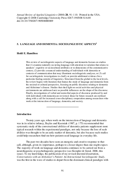(PDF) Language and Dementia: Sociolinguistic Aspects