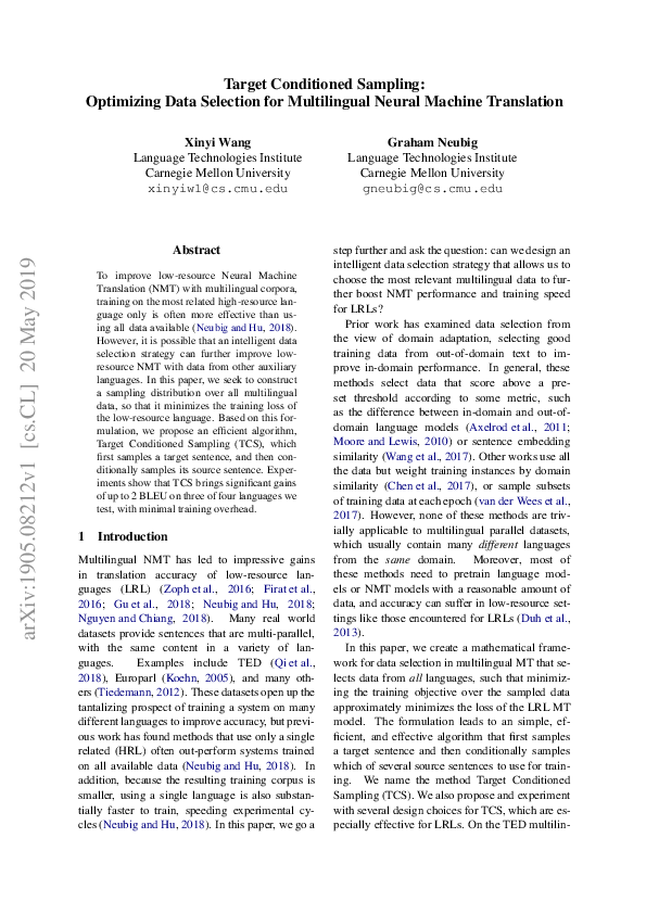 (PDF) Target Conditioned Sampling: Optimizing Data Selection for Multilingual Neural Machine ...
