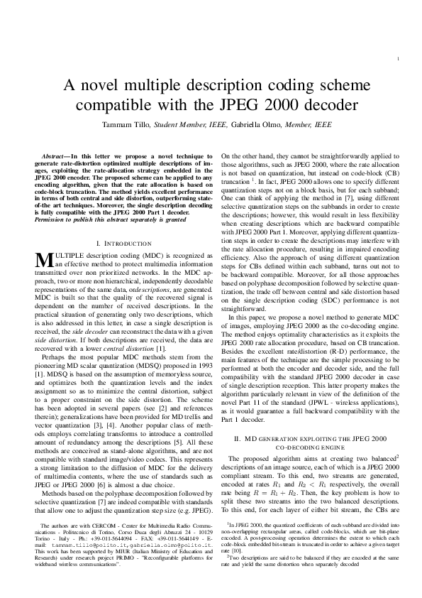 Pdf A Novel Multiple Description Coding Scheme Compatible With The
