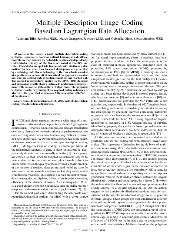 Pdf Multiple Description Image Coding Based On Lagrangian Rate Allocation Gabriella Olmo