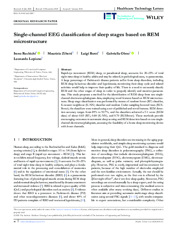 (PDF) Single‐channel EEG classification of sleep stages based on REM microstructure