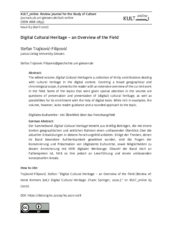 (PDF) Digital Cultural Heritage – an Overview of the Field