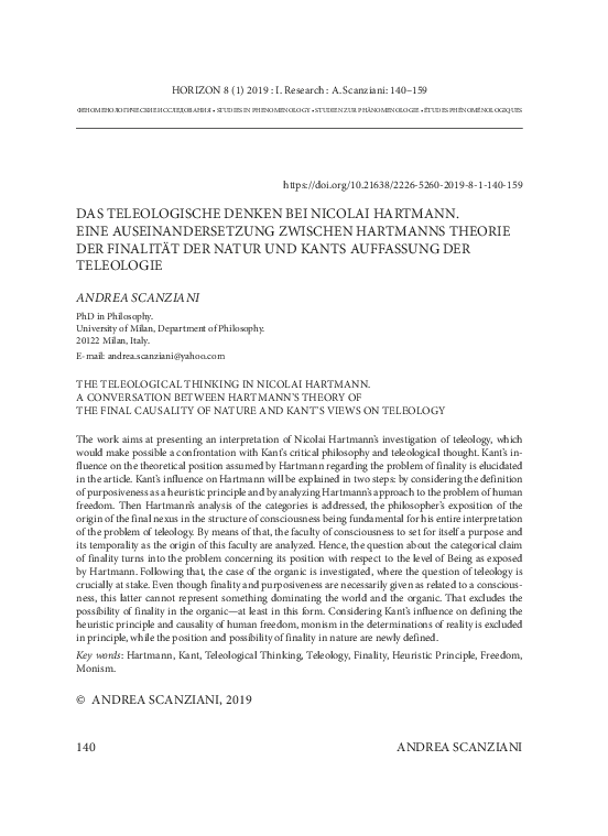 (PDF) The Teleological Thinking in Nicolai Hartmann. A Conversation ...