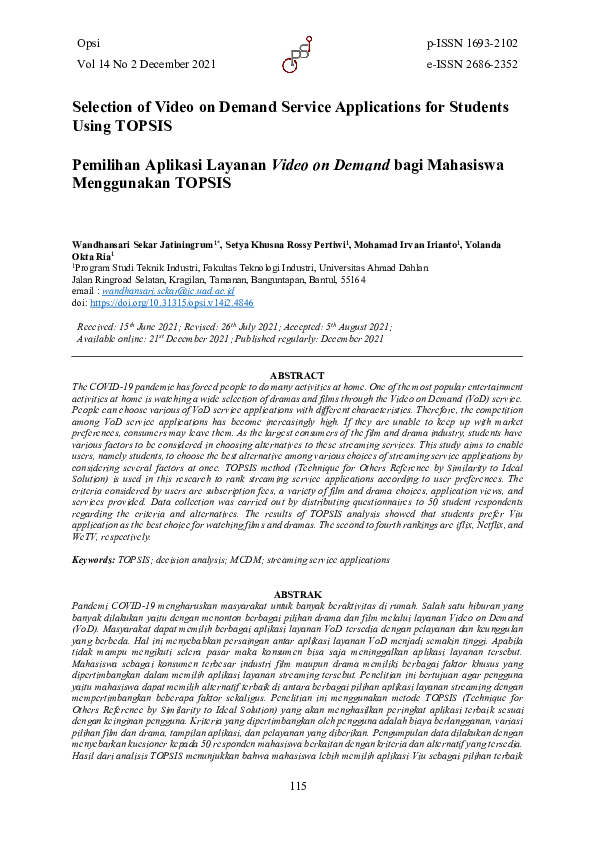 (PDF) Selection of Video on Demand Service Applications for Students Using TOPSIS