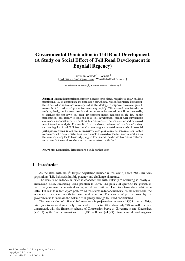 (PDF) Governmental Domination in Toll Road Development (A Study on ...