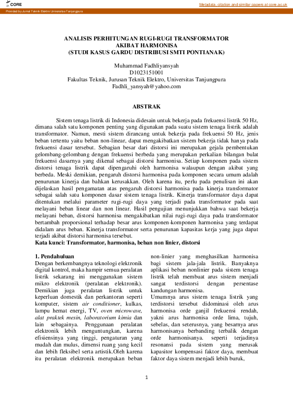 (PDF) Analisis Perhitungan Rugi-Rugi Transformator Akibat Harmonisa (Studi Kasus Gardu ...