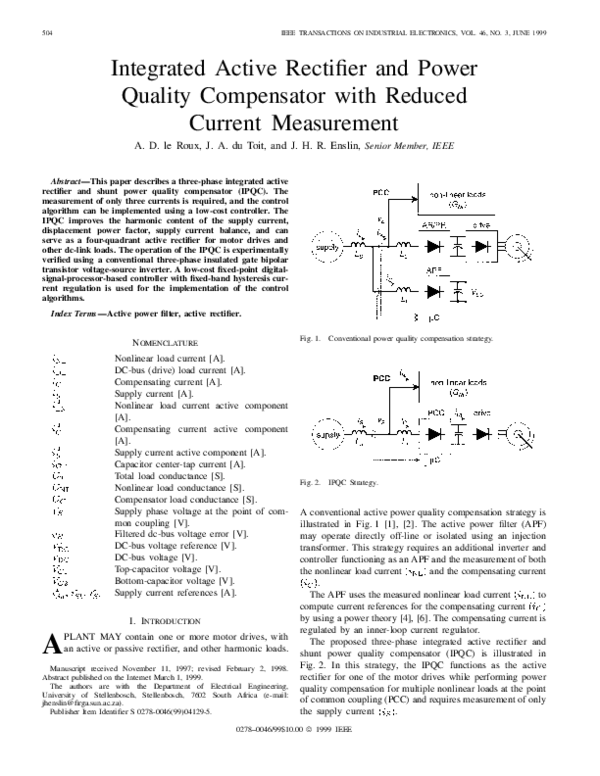 (PDF) Integrated active rectifier and power quality compensator with reduced current measurement