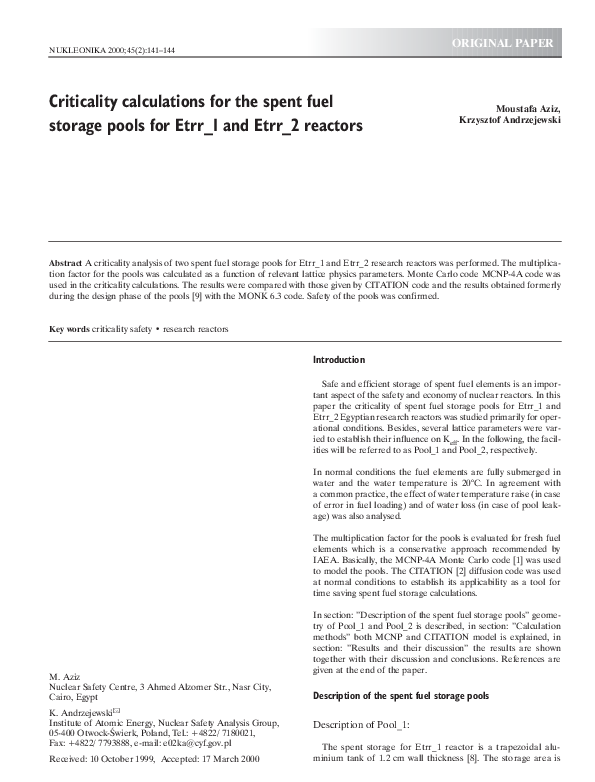 (PDF) Criticality calculations for the spent fuel storage pools for ...