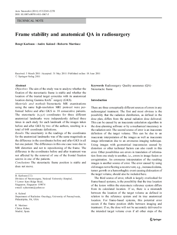 (PDF) Frame stability and anatomical QA in radiosurgery