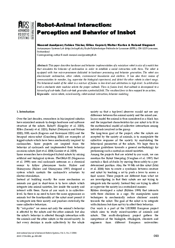 (PDF) Robot-Animal Interaction: Perception and Behavior of Insbot