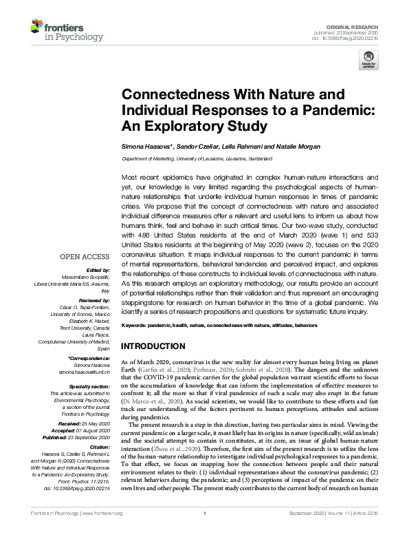 (PDF) Connectedness With Nature and Individual Responses to a Pandemic ...